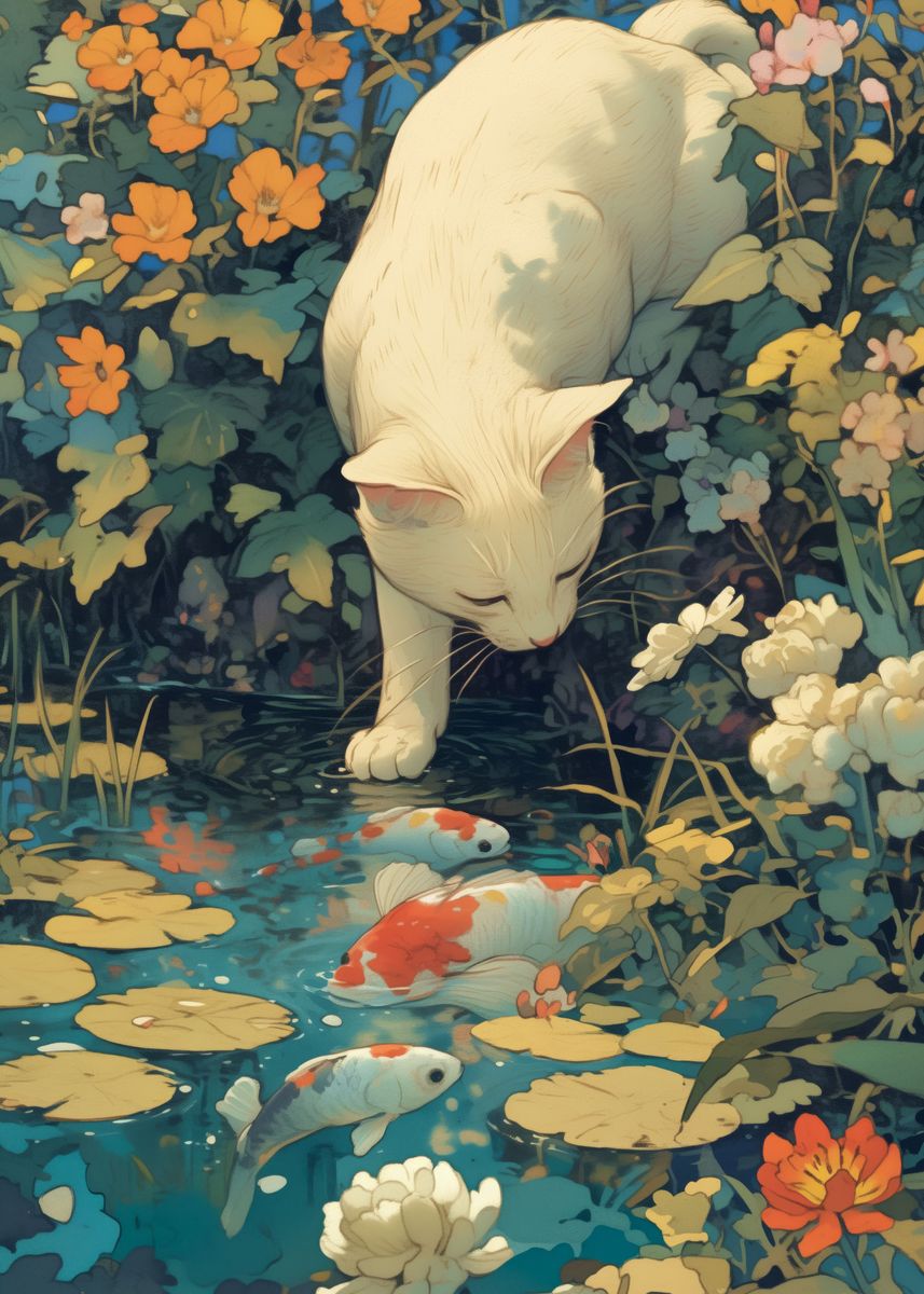 'Cat by the Koi Fish Pond' Poster, picture, metal print, paint by ...