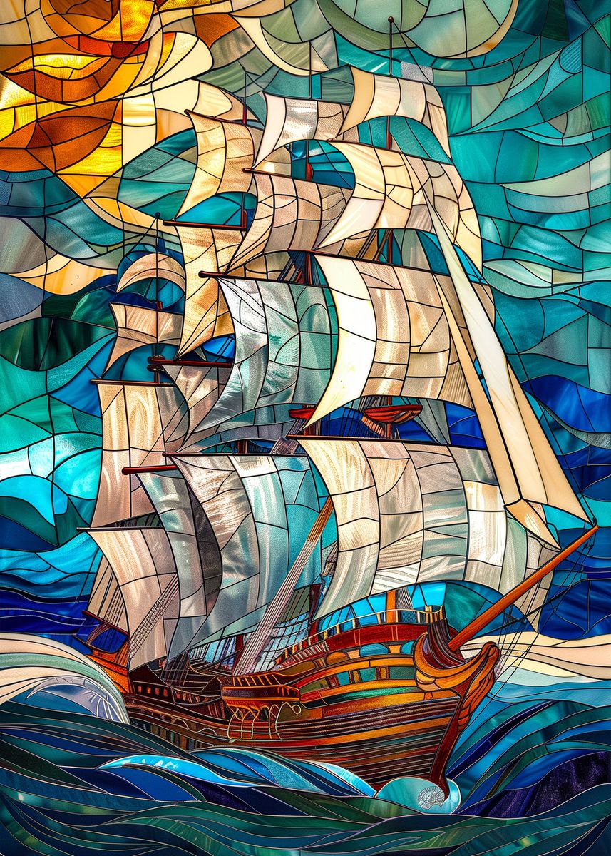 'Stained Glass Pirate Ship' Poster, picture, metal print, paint by ...