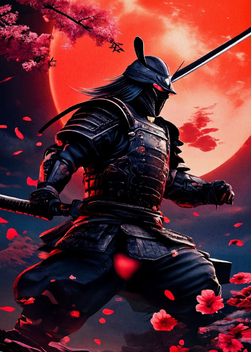 'samurai red moon japanese' Poster, picture, metal print, paint by ...