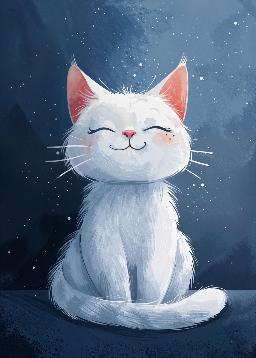 'Happy White Cat' Poster, picture, metal print, paint by Katsu | Displate