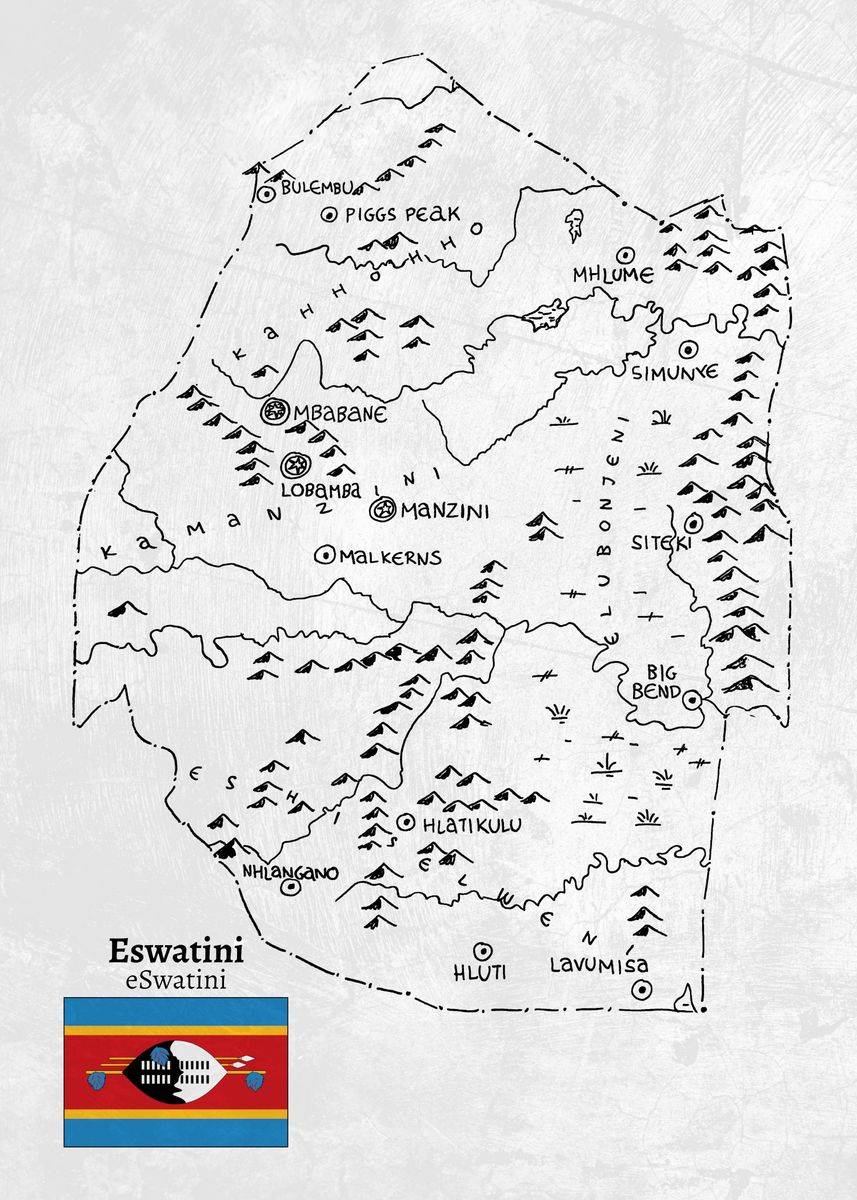 'Handdrawn Map of Eswatini' Poster, picture, metal print, paint by ...