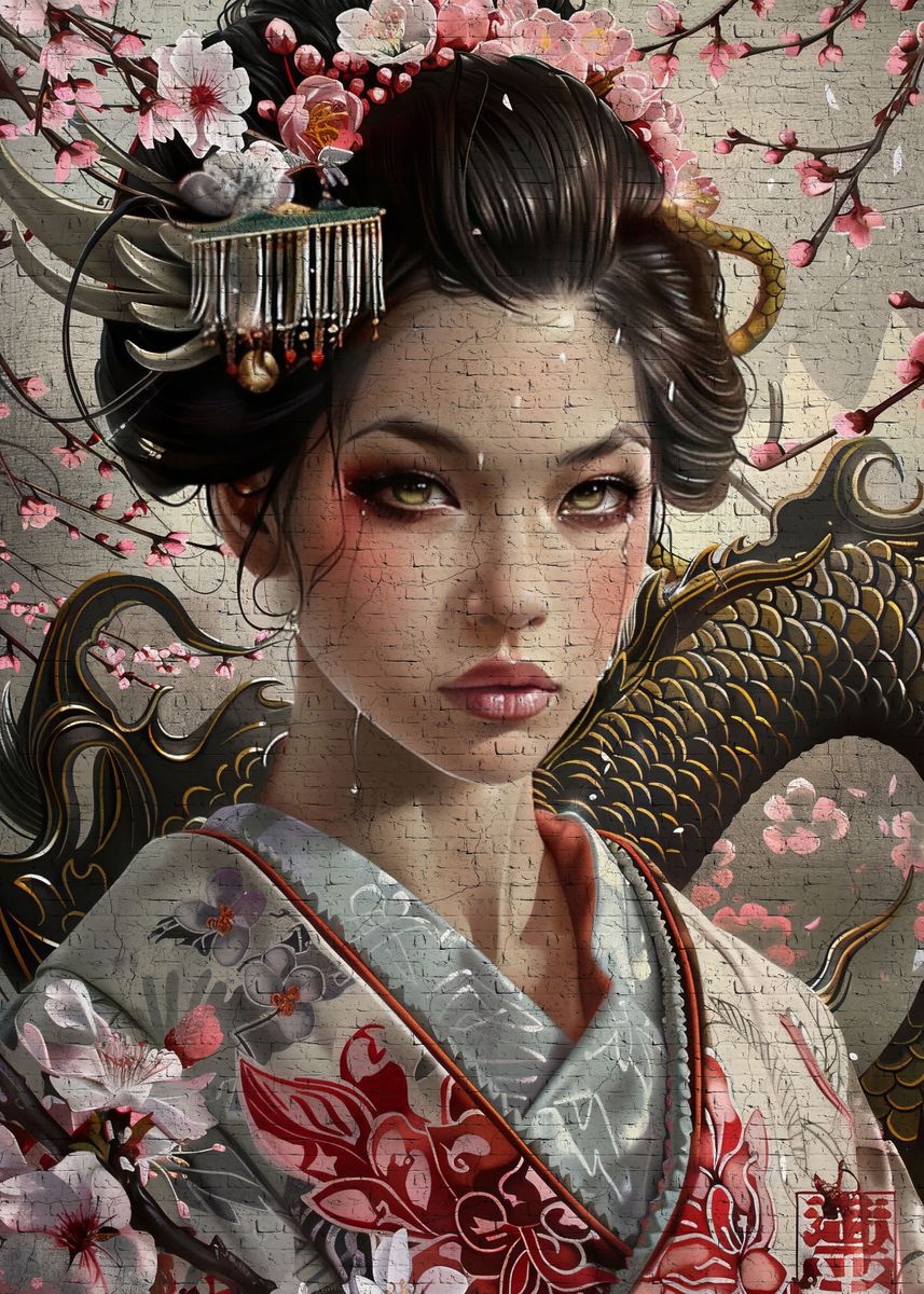'Geisha japanese dragon' Poster, picture, metal print, paint by Graphic ...
