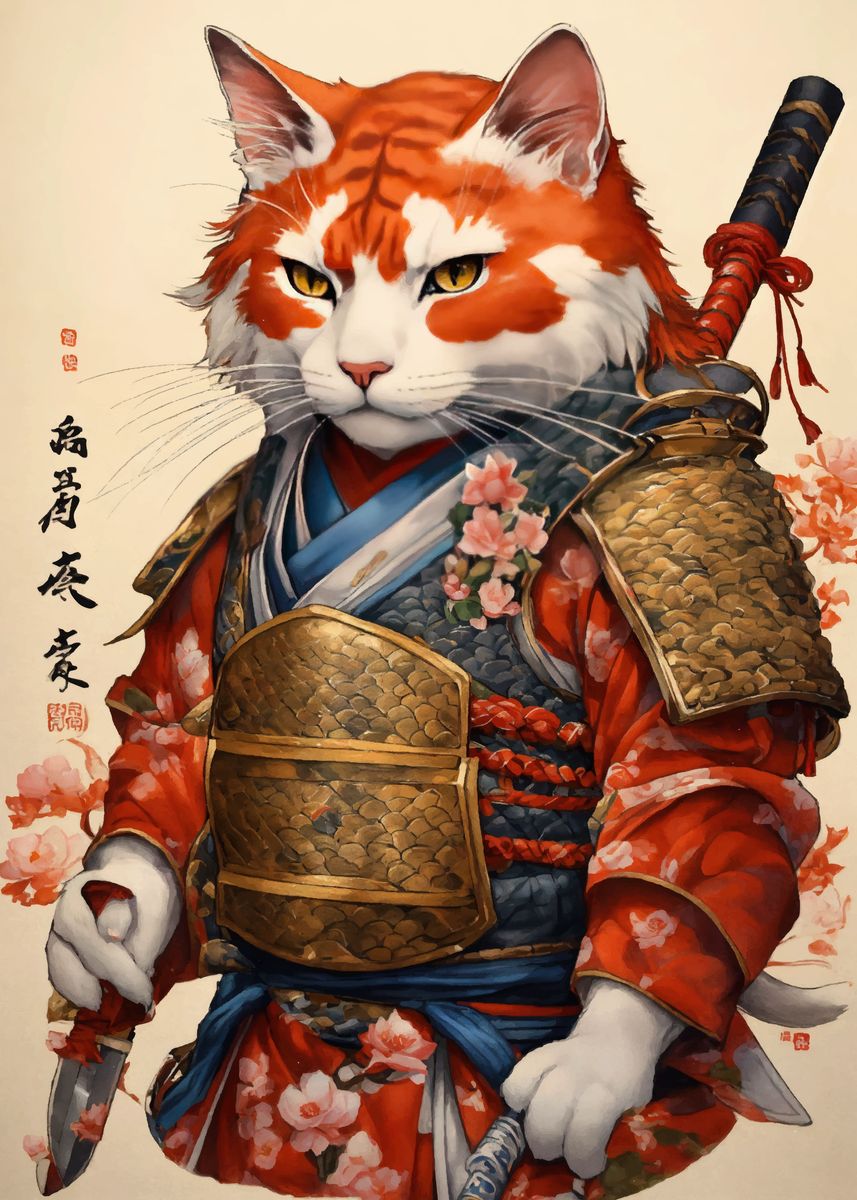 'Cat Samurai Japanese' Poster, picture, metal print, paint by Superhero ...