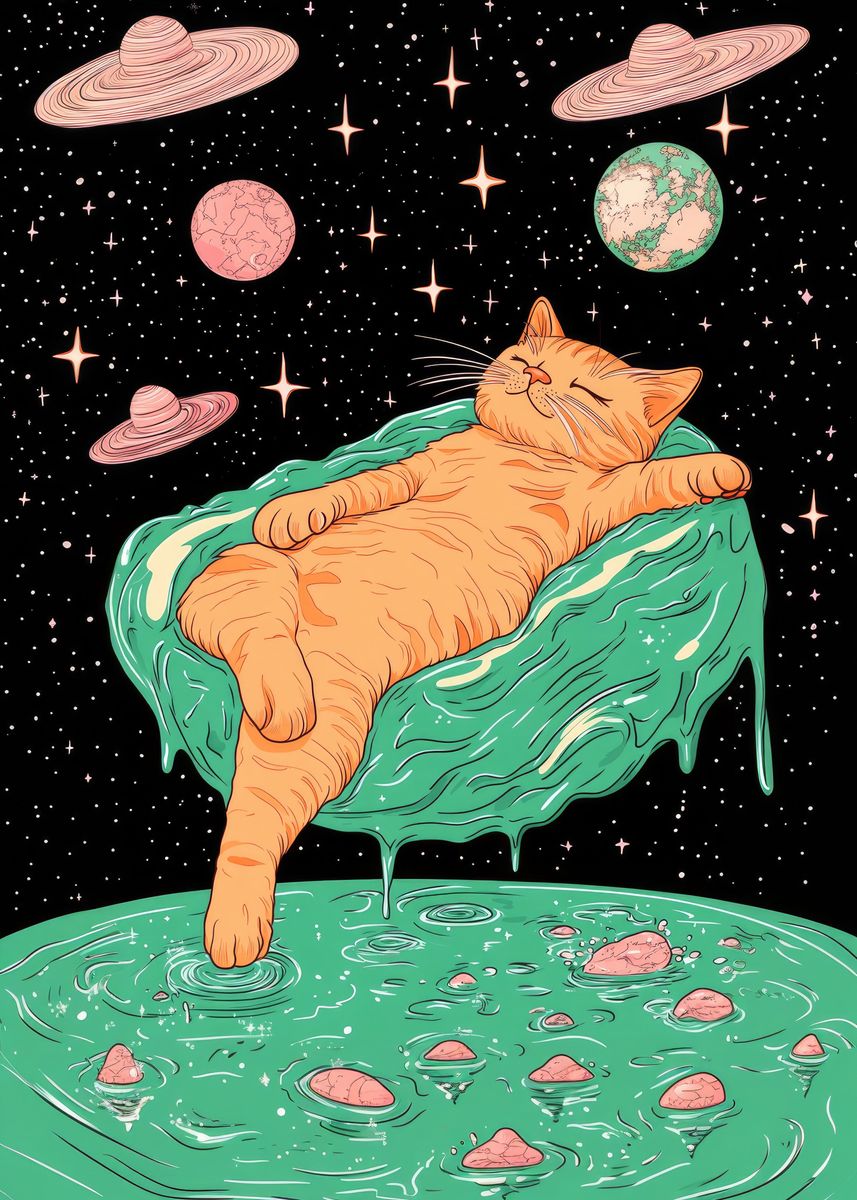 'cat sleeping in space' Poster, picture, metal print, paint by Rachanin ...