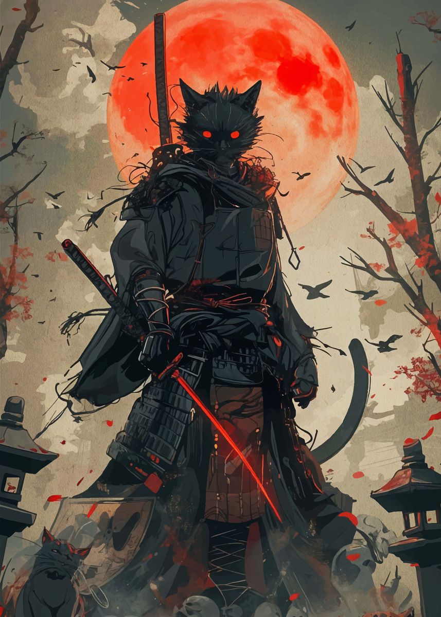 'samurai cat japanese' Poster, picture, metal print, paint by Ellen ...