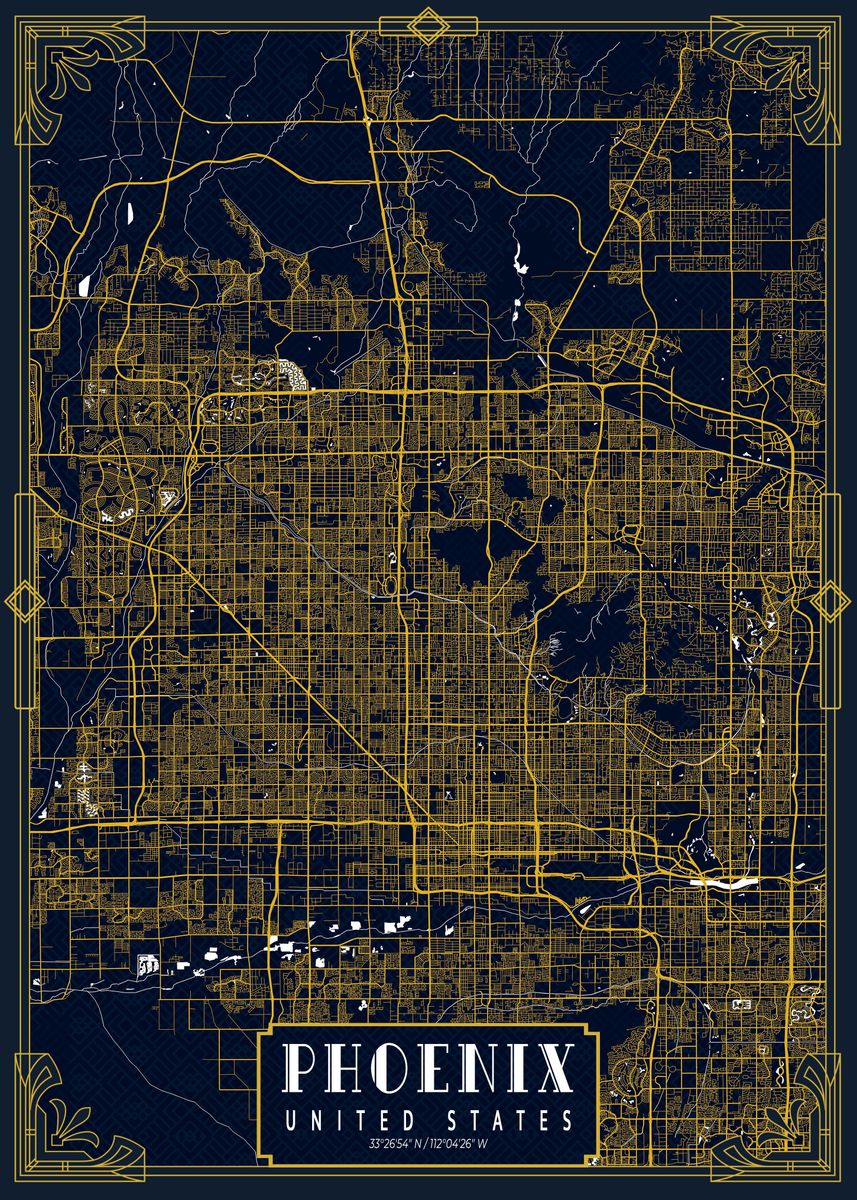 'Phoenix City Map USA Gold' Poster, picture, metal print, paint by ...