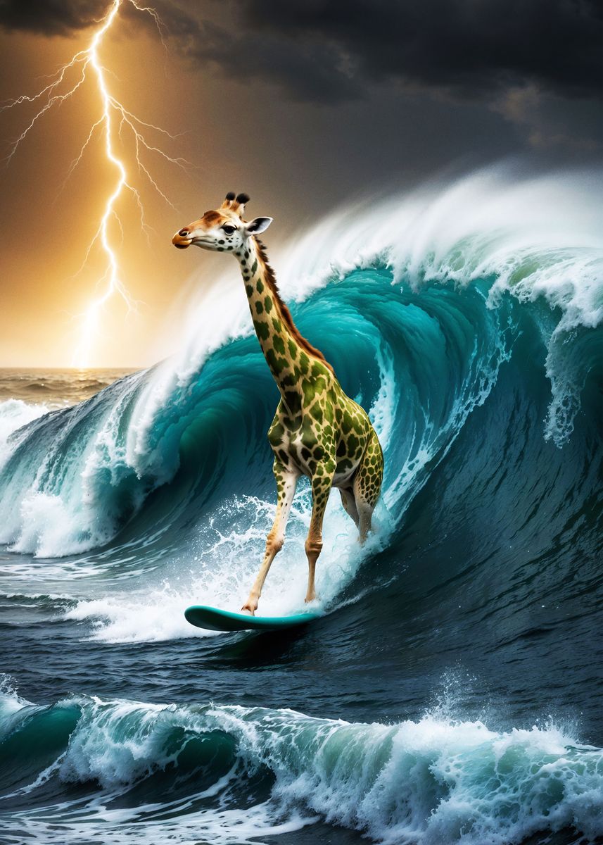 'Surfing Giraffe in a Storm' Poster, picture, metal print, paint by ...
