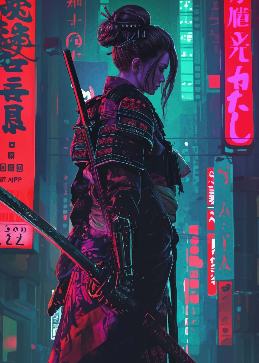 'Geisha Cyberpunk Japanese' Poster, picture, metal print, paint by ...