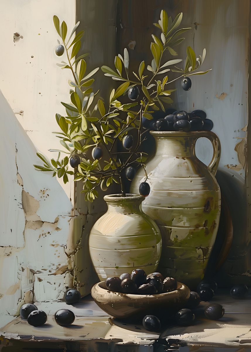 'Rustic Olive Still Life' Poster, picture, metal print, paint by AI and ...