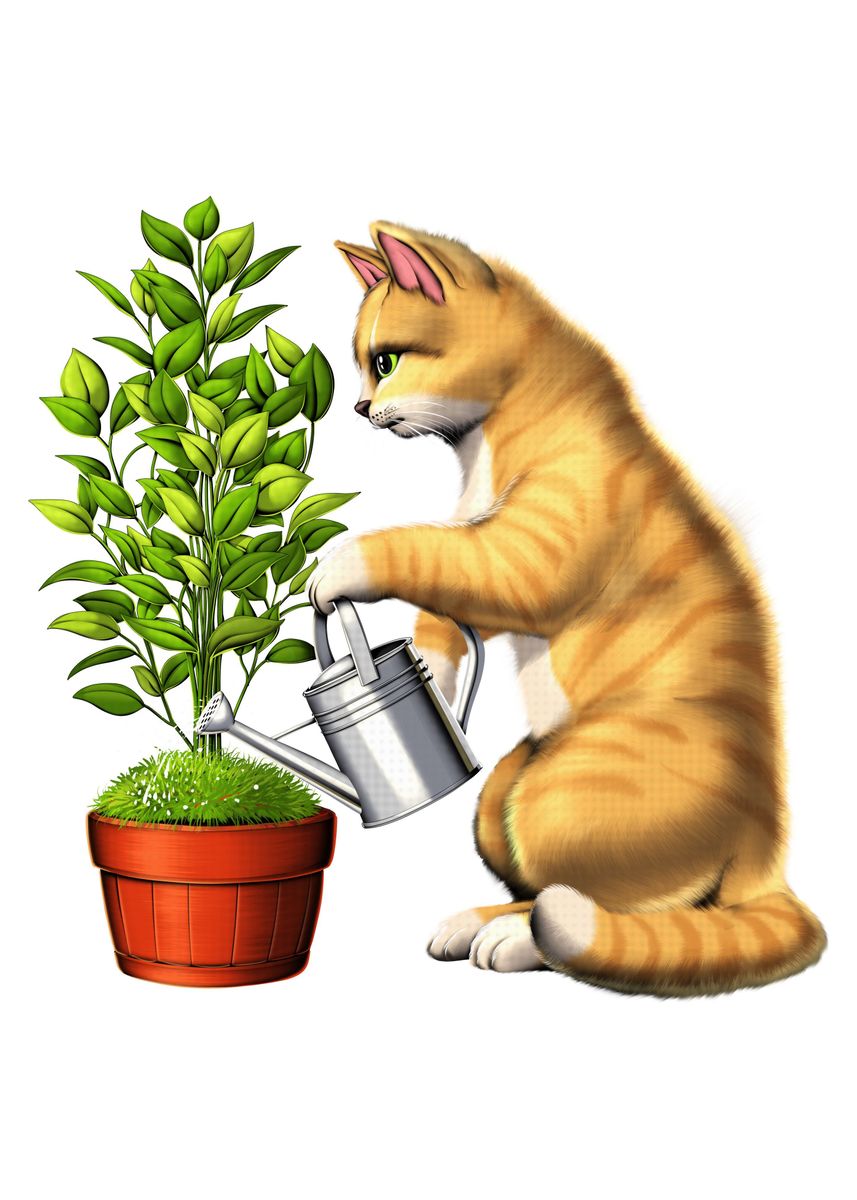 'Cat Watering Plants' Poster, picture, metal print, paint by ...