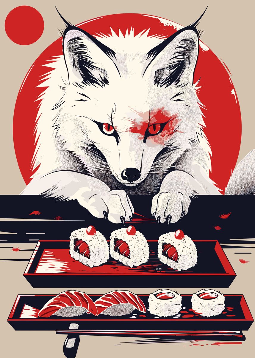 'Kitsune eating Sushi' Poster, picture, metal print, paint by Mesh ...