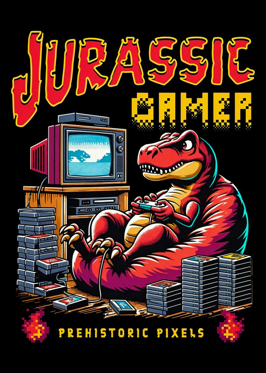 'T rex playing retro ' Poster, picture, metal print, paint by ...