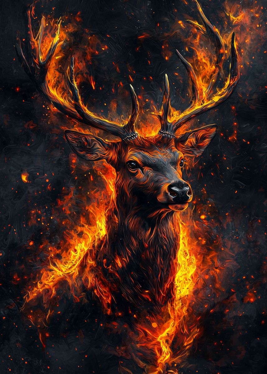 'Fiery Stag in Flames' Poster, picture, metal print, paint by Tollaru ...