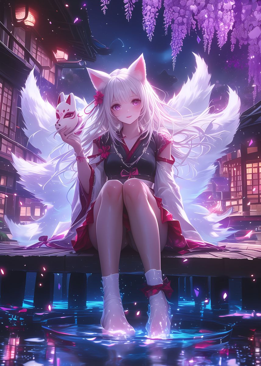 'Kitsune Night Japanese ' Poster, picture, metal print, paint by ...