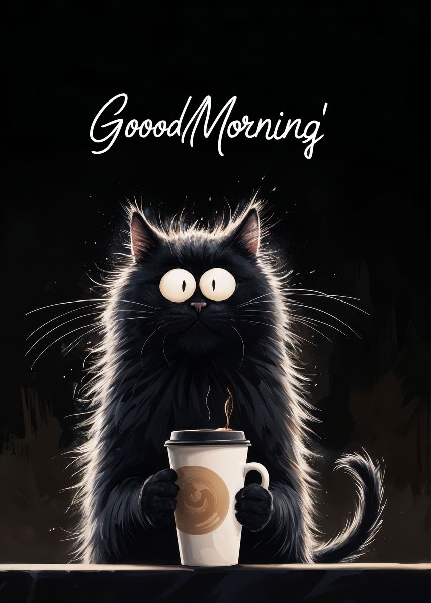 'funny cat morning coffee ' Poster, picture, metal print, paint by ...