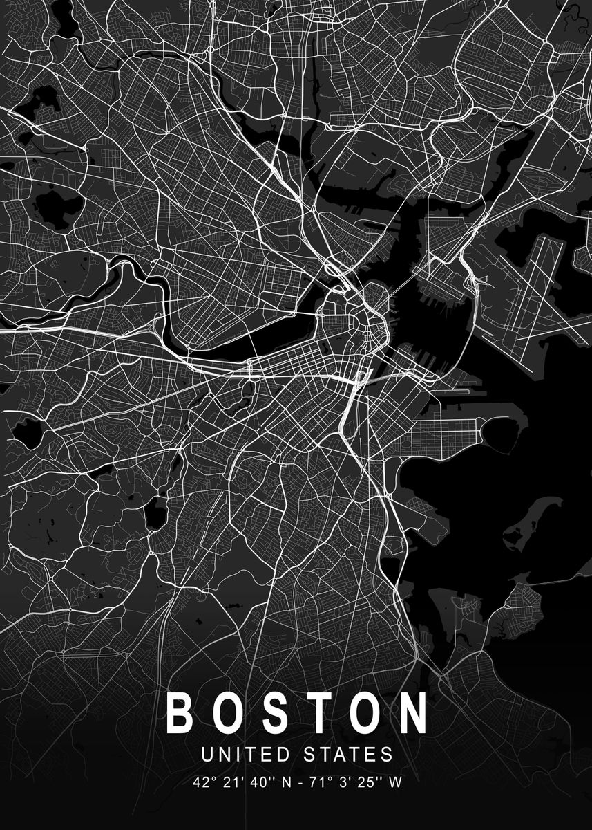 'Boston Dark Map' Poster, picture, metal print, paint by DesignerMind ...