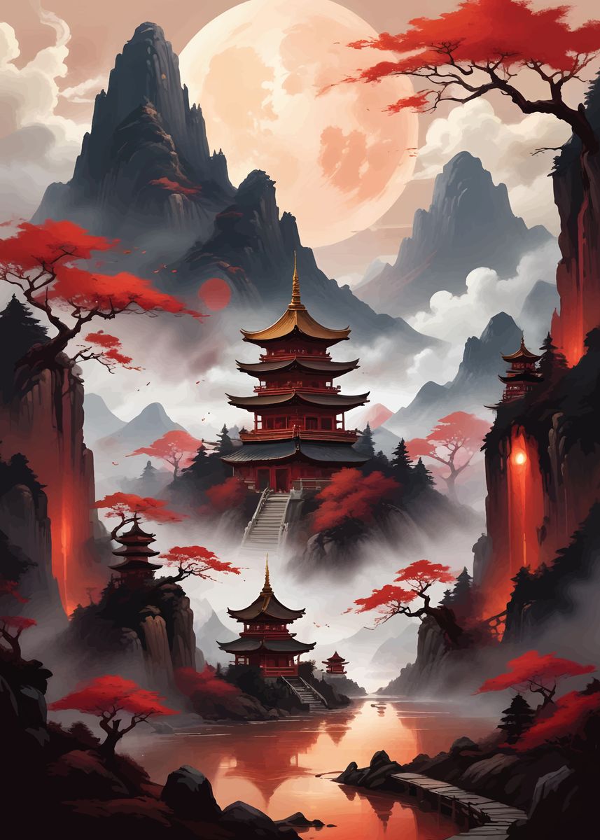 'Full red moon Japan' Poster, picture, metal print, paint by Alex ...