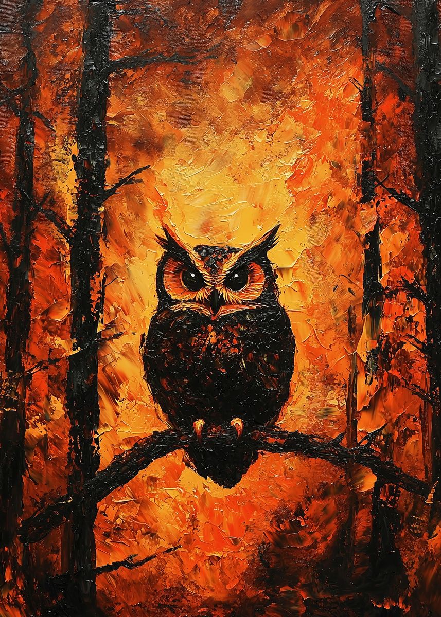 'Fiery Owl in Forest' Poster, picture, metal print, paint by Tollaru ...