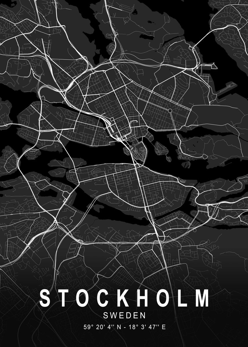 'Stockholm Dark Map' Poster, picture, metal print, paint by ...