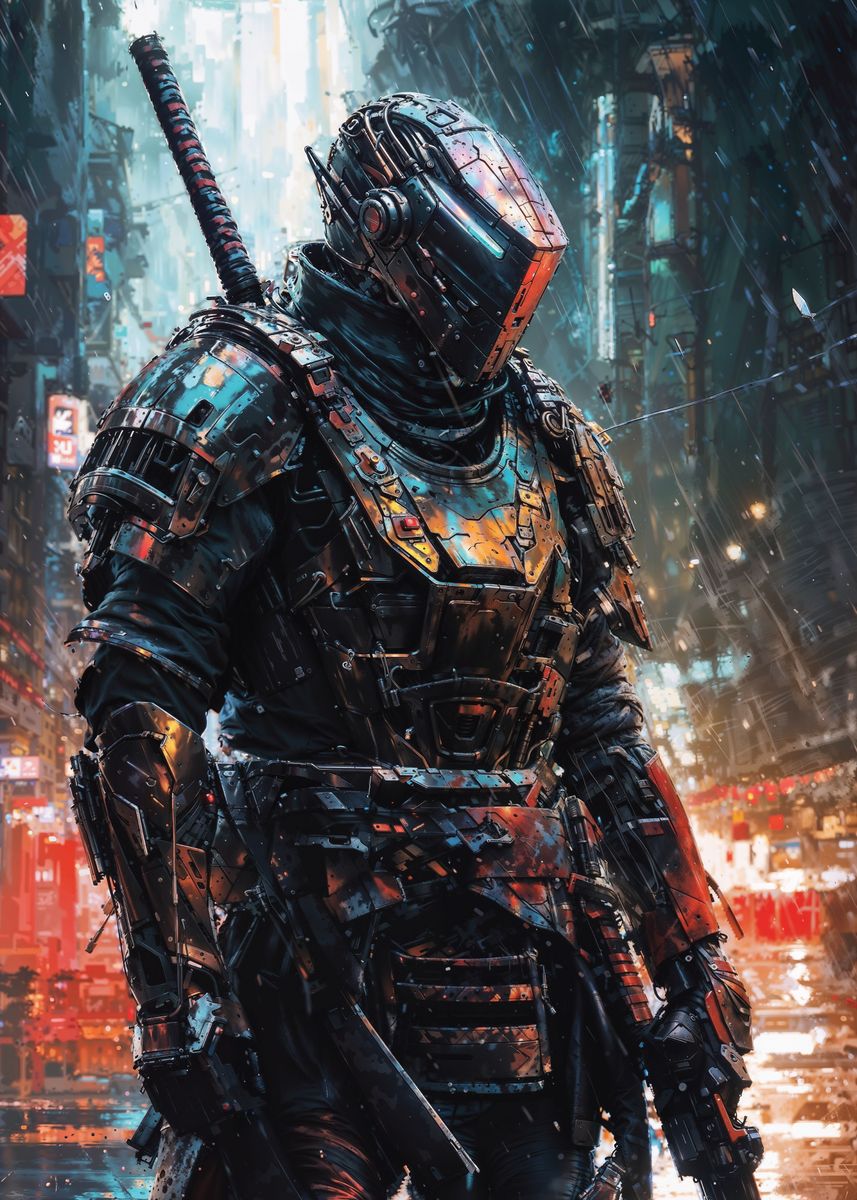 'Cyber Samurai in the Rain' Poster, picture, metal print, paint by ...