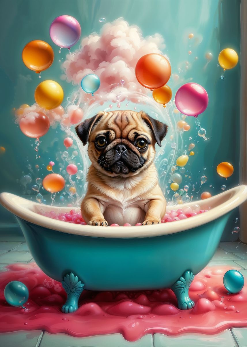 'Bubble Pug' Poster, picture, metal print, paint by Alice White Milano ...