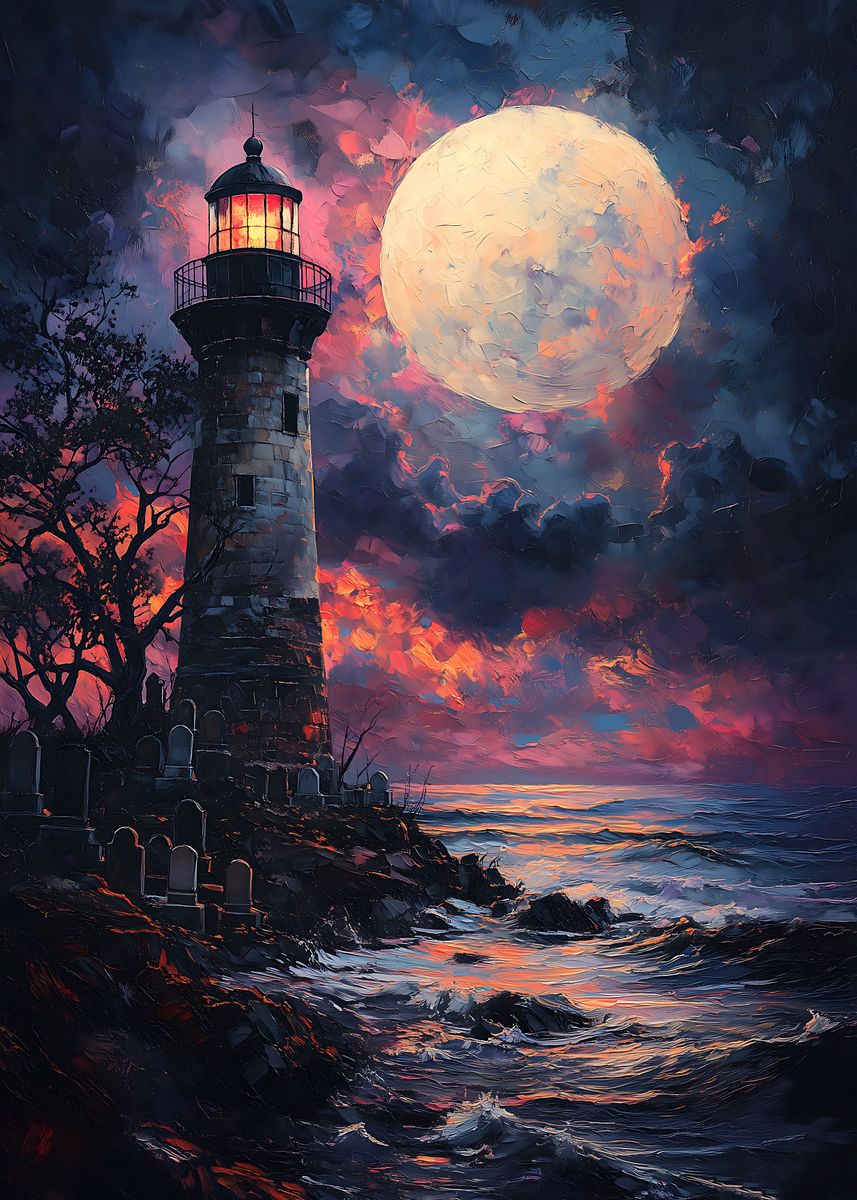 'Sunset Ocean Lighthouse ' Poster, picture, metal print, paint by ...