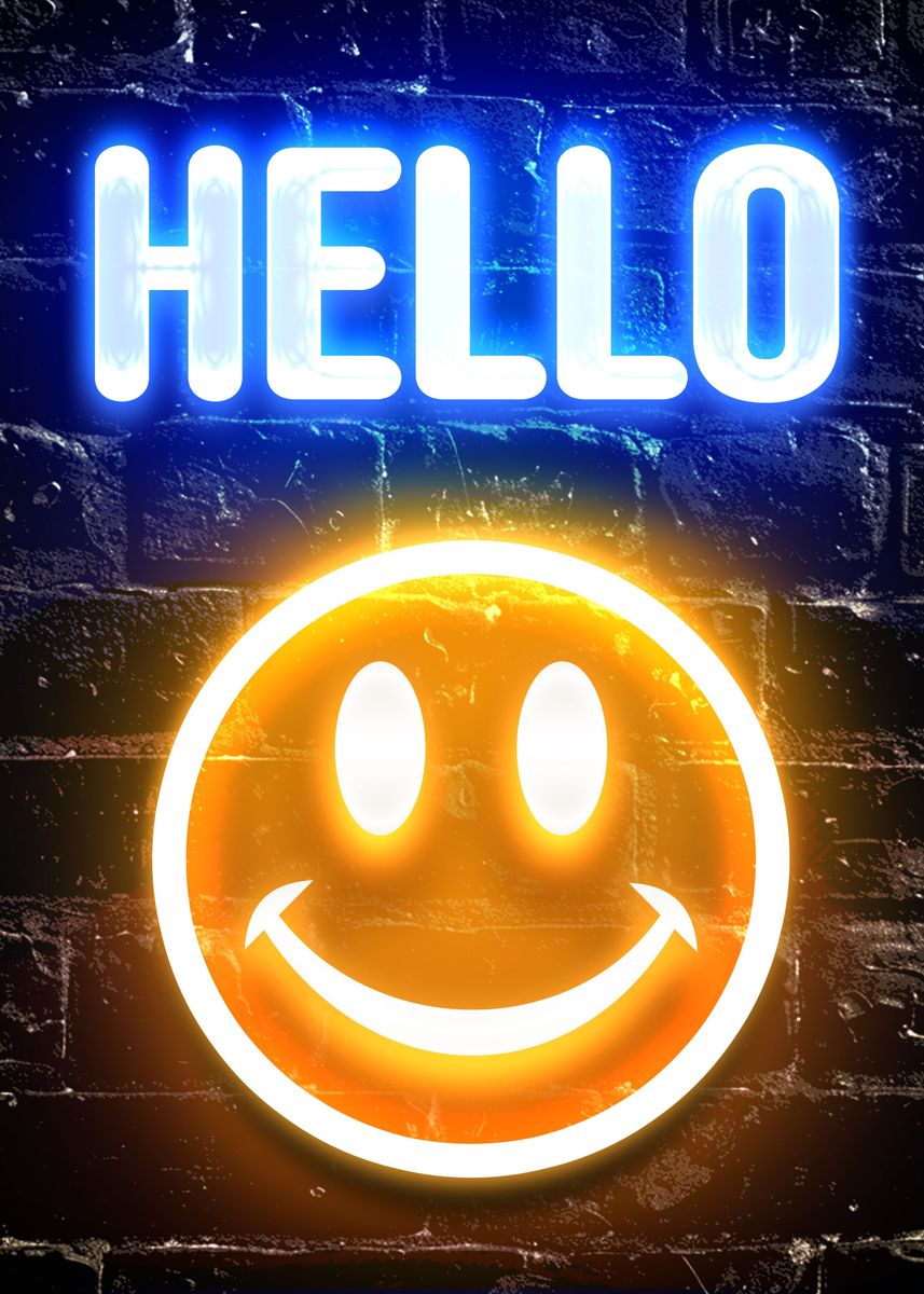 'Hello neon smiley face' Poster, picture, metal print, paint by Kitty ...