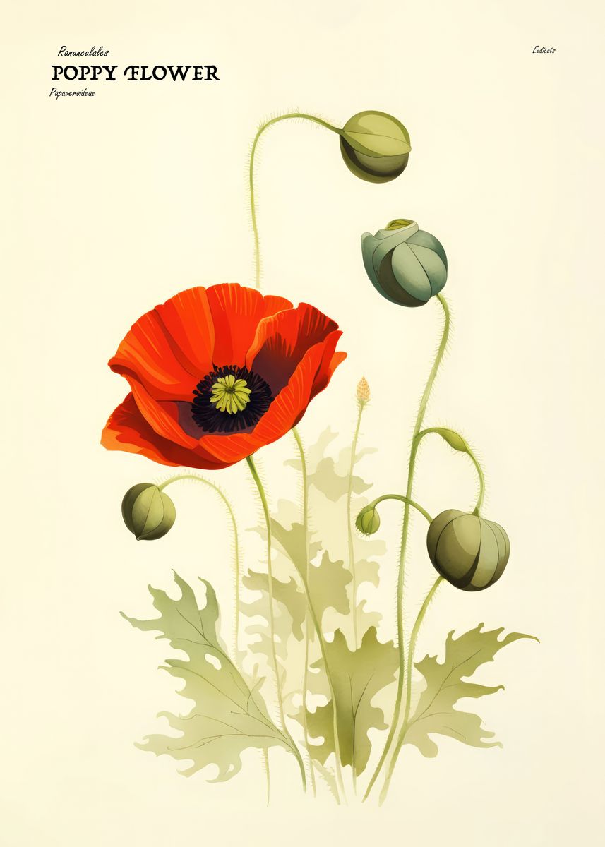'Vintage Poppy Flower ' Poster, picture, metal print, paint by ...