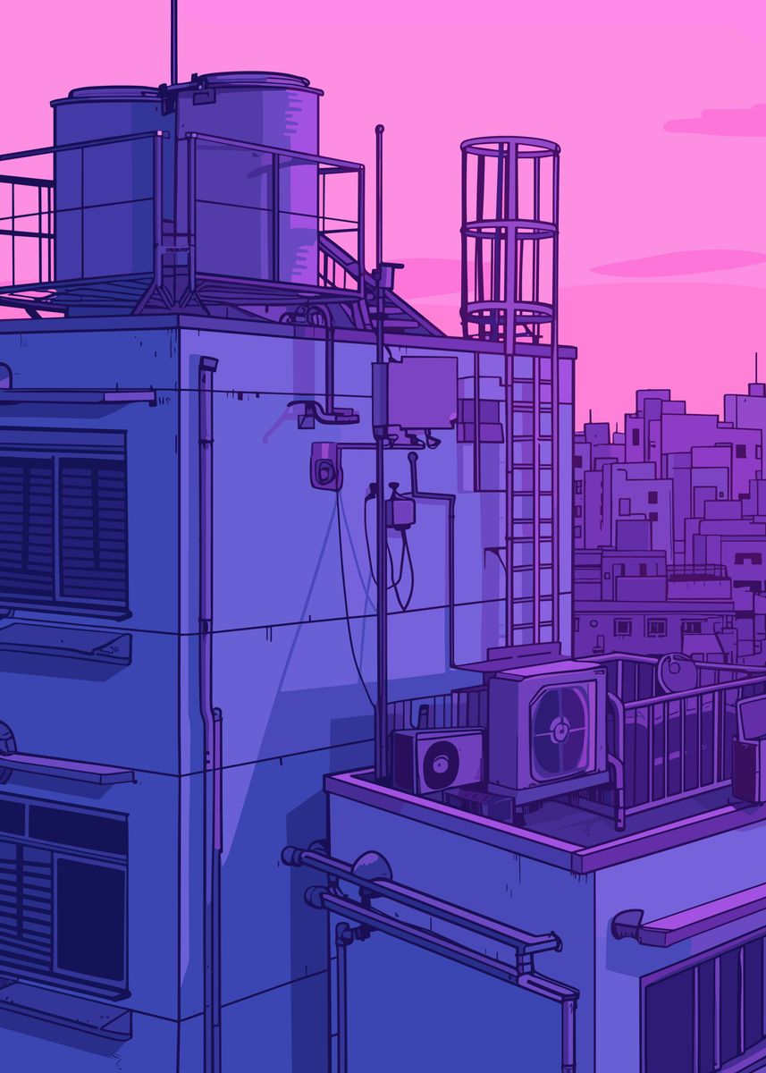 'Rooftop Lofi Pink Retro' Poster, picture, metal print, paint by Ray ...