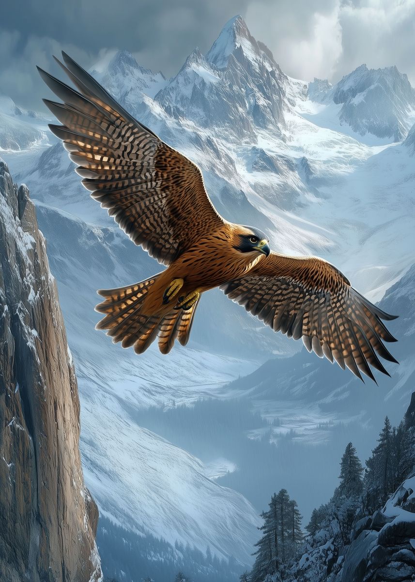 'Falcon in Flight' Poster, picture, metal print, paint by Miza | Displate