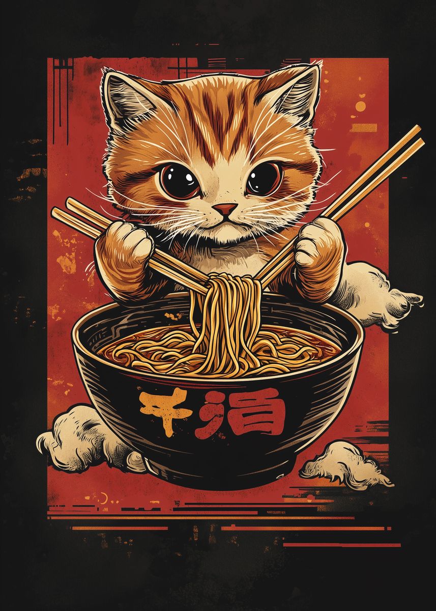 'Cat Ramen Japan' Poster, picture, metal print, paint by Miza | Displate