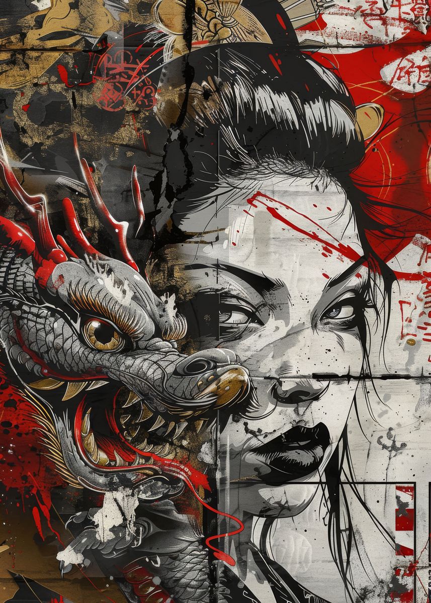 'Dragon Geisha Samurai' Poster, picture, metal print, paint by Japanese ...
