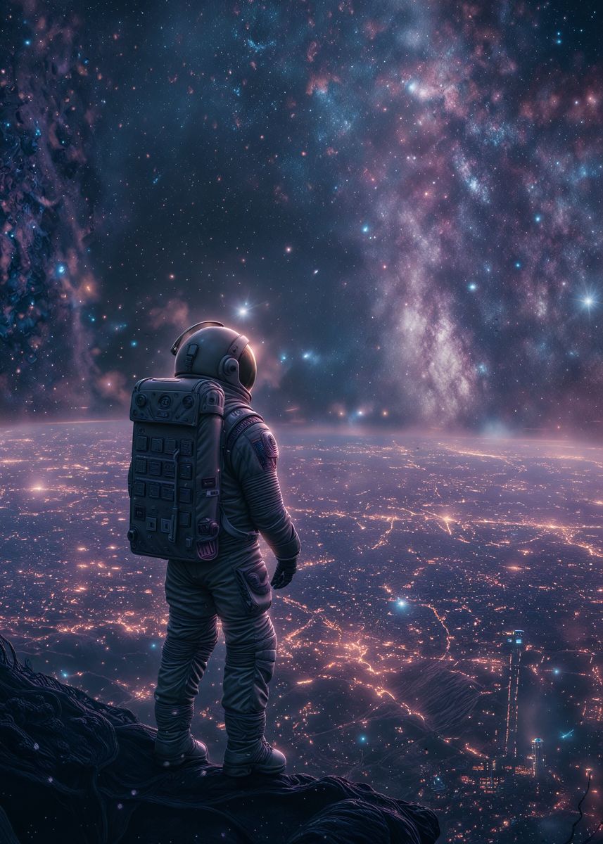 'Over Neon Metropolis' Poster, picture, metal print, paint by SpaceVision | Displate