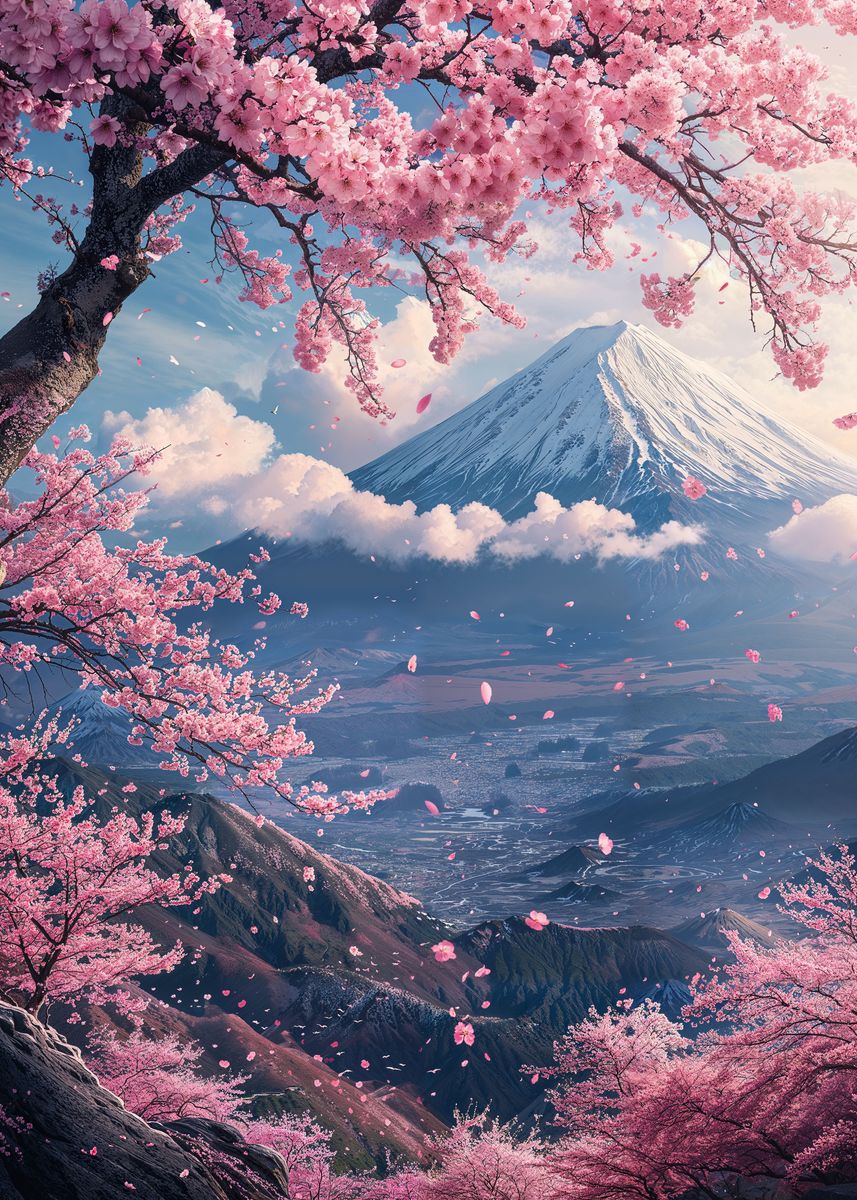'japan mount fuji sakura v2' Poster, picture, metal print, paint by Adel S | Displate