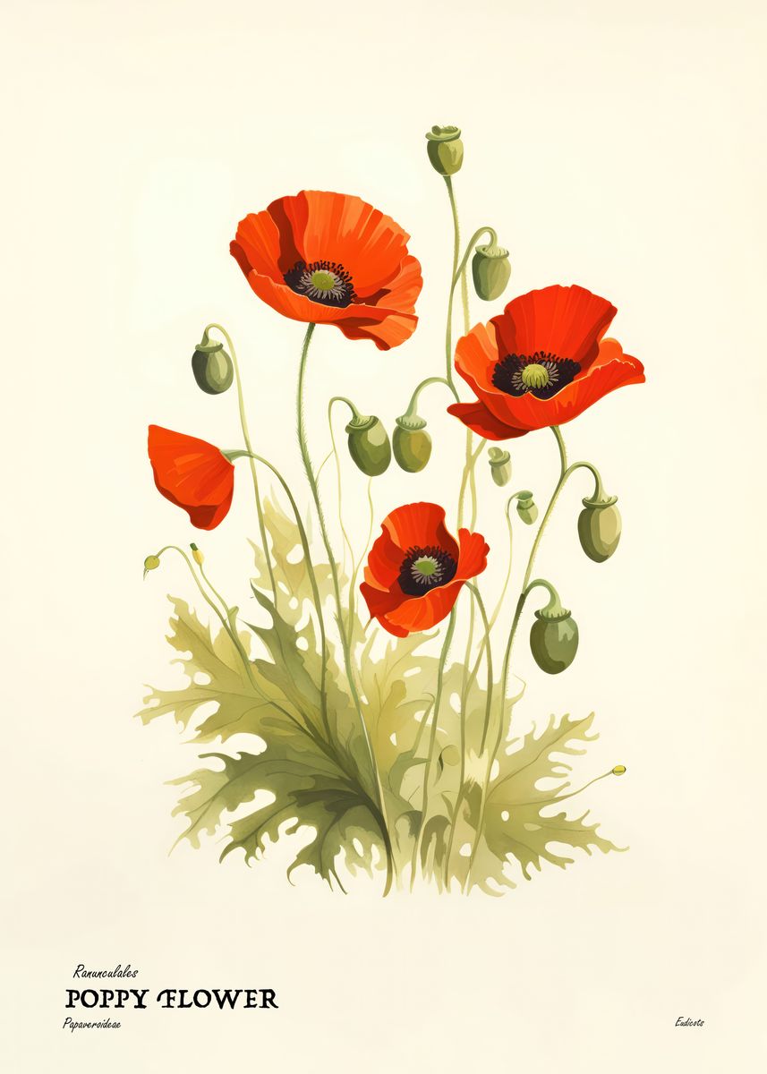 'Vintage Poppy Flower' Poster, picture, metal print, paint by ...