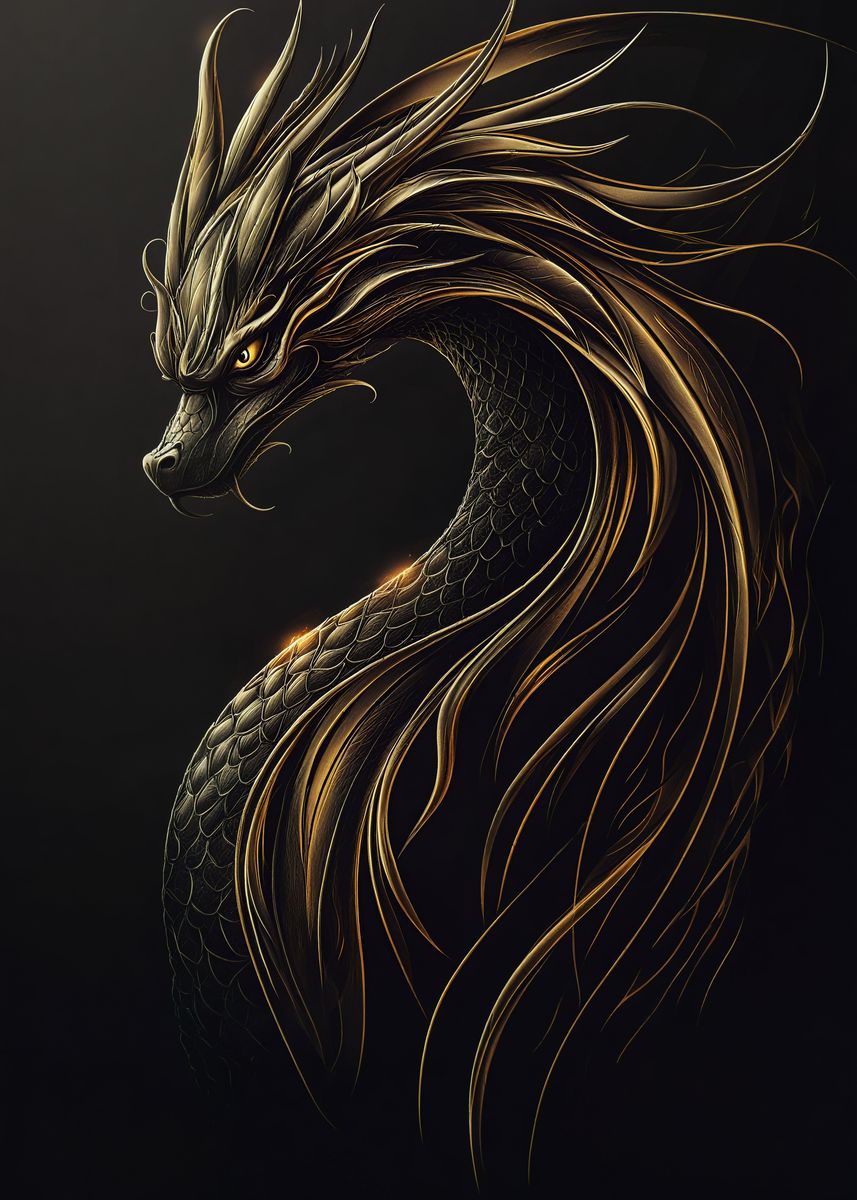 'Golden line dragon' Poster, picture, metal print, paint by ...