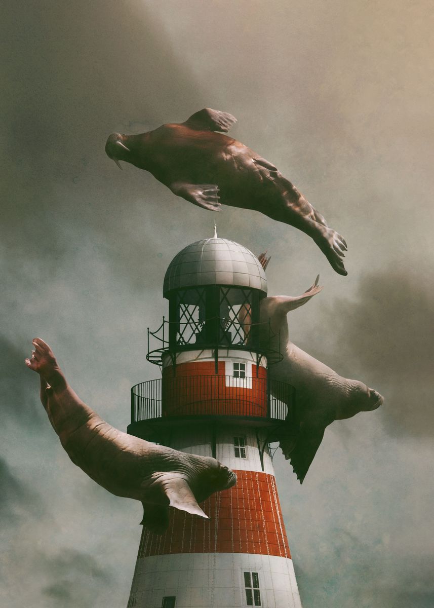 'Walruses at the Lighthouse' Poster, picture, metal print, paint by ...