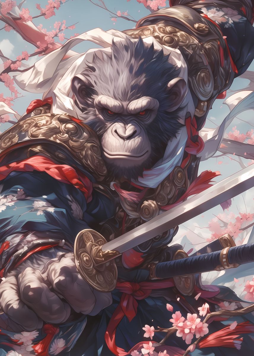 'Chimpanzee Samurai Sakura' Poster, picture, metal print, paint by ...