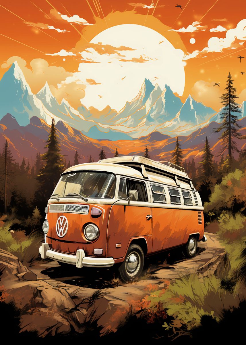 'Retro VW Bus Mountain Ride' Poster, picture, metal print, paint by ...