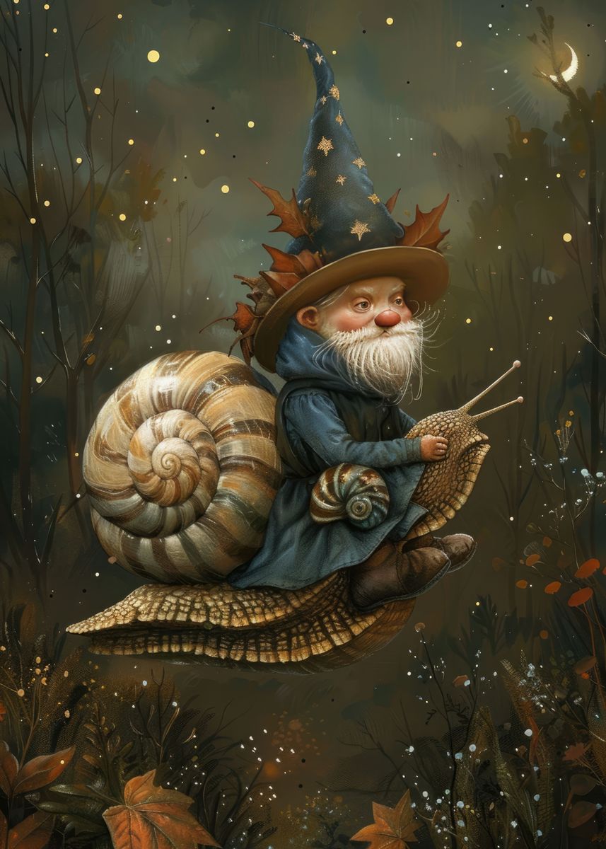 'Gnome Riding Snail ' Poster, picture, metal print, paint by Gulden ...