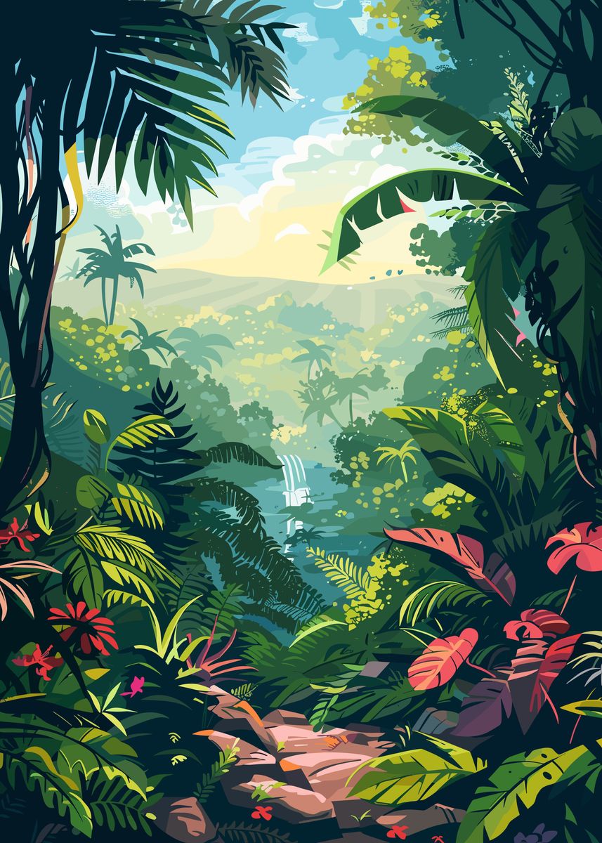 'Jungle Landscape' Poster, picture, metal print, paint by Mesh | Displate