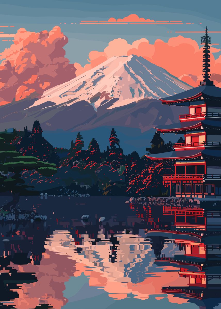 'Japan Fuji Pixel Art' Poster, picture, metal print, paint by Mesh ...