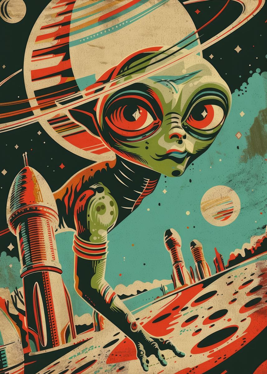 'Retro Alien Space Poster' Poster, picture, metal print, paint by ...