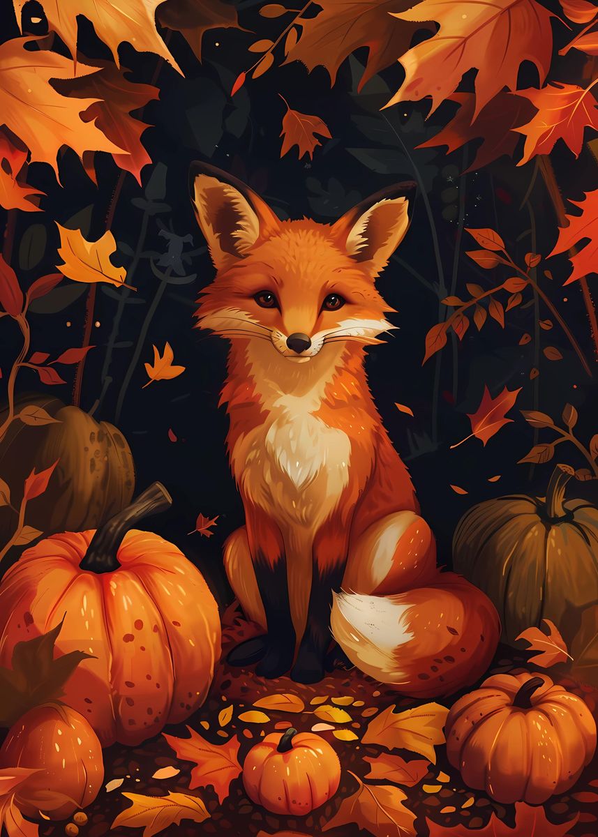 'Autumn Fox Pumpkins ' Poster, picture, metal print, paint by ...