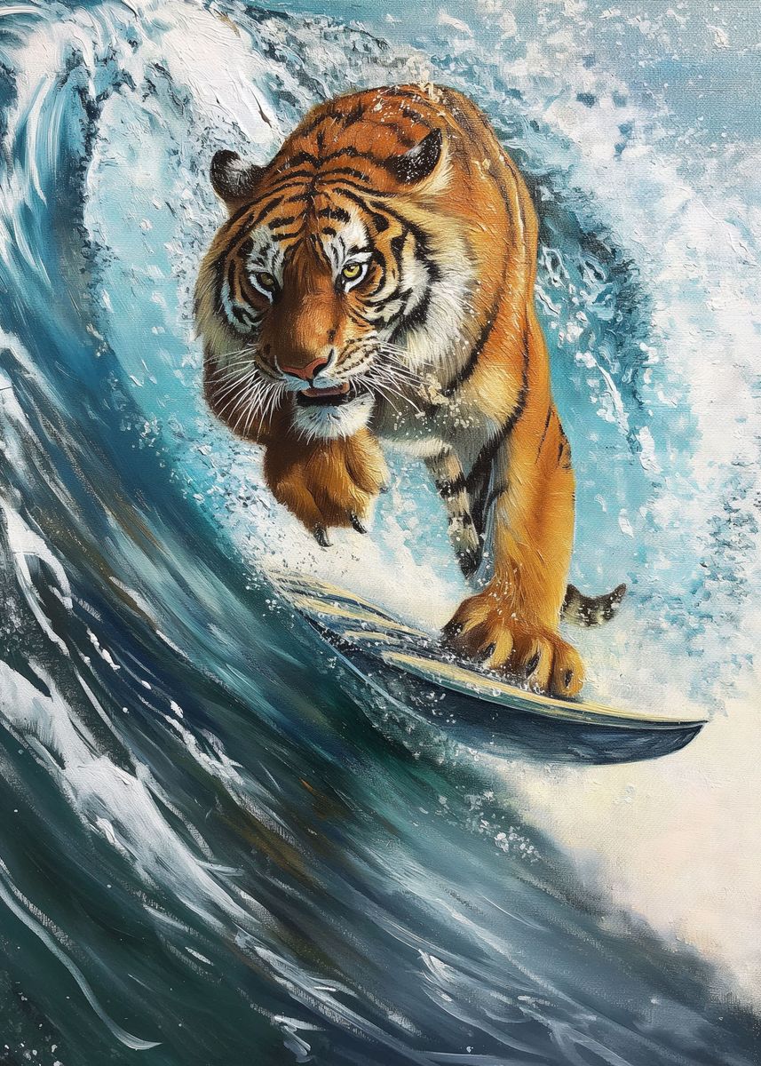 'Surfing Tiger Surfer Wave' Poster, picture, metal print, paint by ...