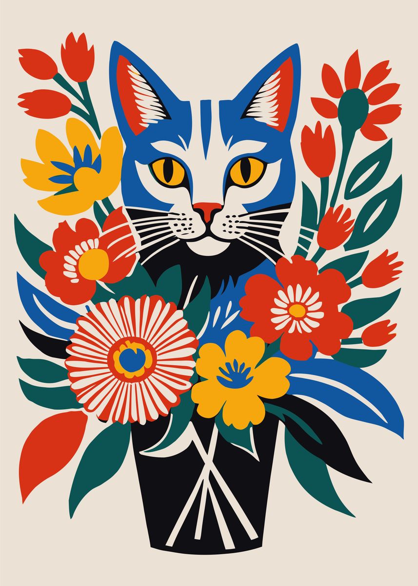 'Floral Cat Art Poster' Poster, picture, metal print, paint by BluePinkPanther | Displate