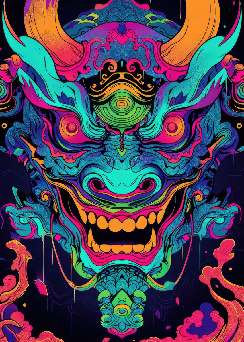 'Neon Turquoise Oni Yokai' Poster, picture, metal print, paint by ...