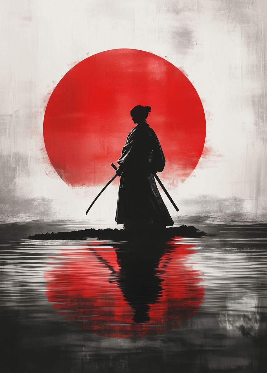'Samurai japanese red moon' Poster, picture, metal print, paint by ...