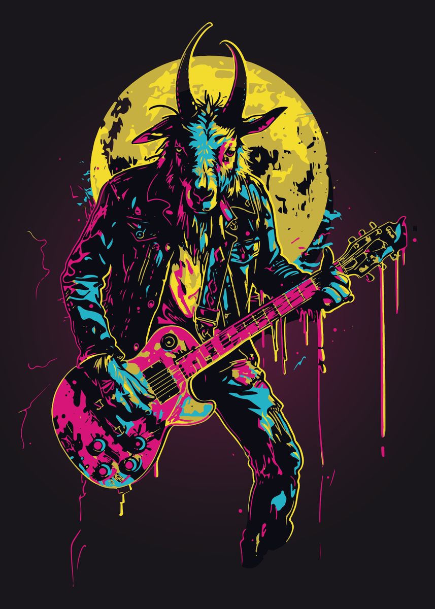 'Creepy Punk Guitarist Goat' Poster, picture, metal print, paint by ...