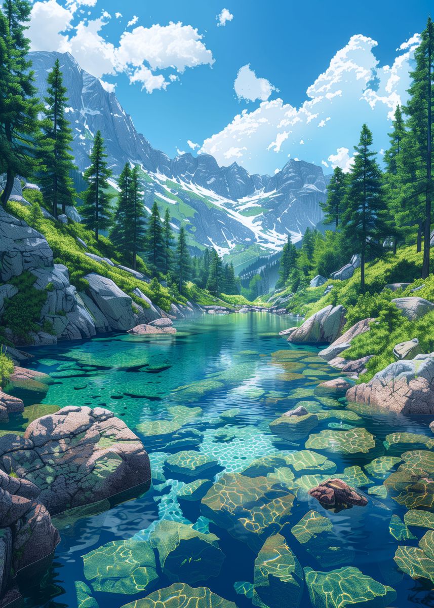 'Forest River Landscape' Poster, picture, metal print, paint by ...